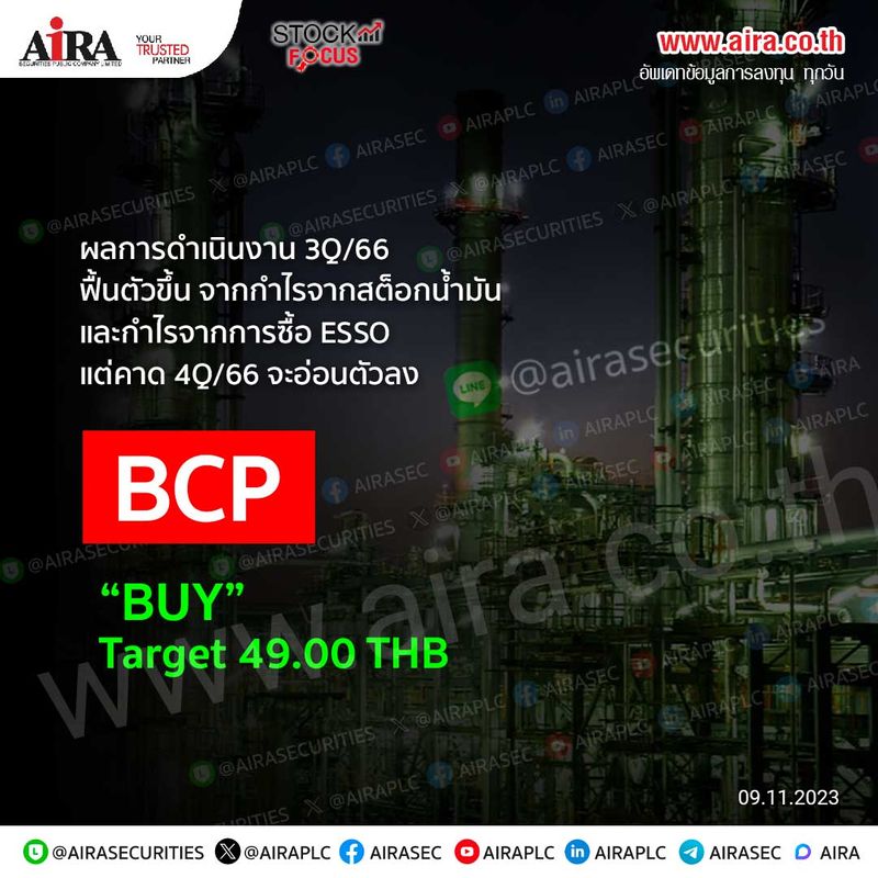 [AIRA SECURITIES] BCP : ผลการดำเนินงาน 3Q/66 ฟื้นตัวขึ้น จากกำไรจากสต็อกน้ำมันและกำไรจากการซื้อ ...