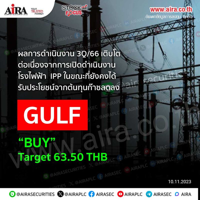 [AIRA SECURITIES] GULF : ผลการดำเนินงาน 3Q/66 เติบโตต่อเนื่องจากการเปิดดำเนินงานโรงไฟฟ้า IPP ใน ...