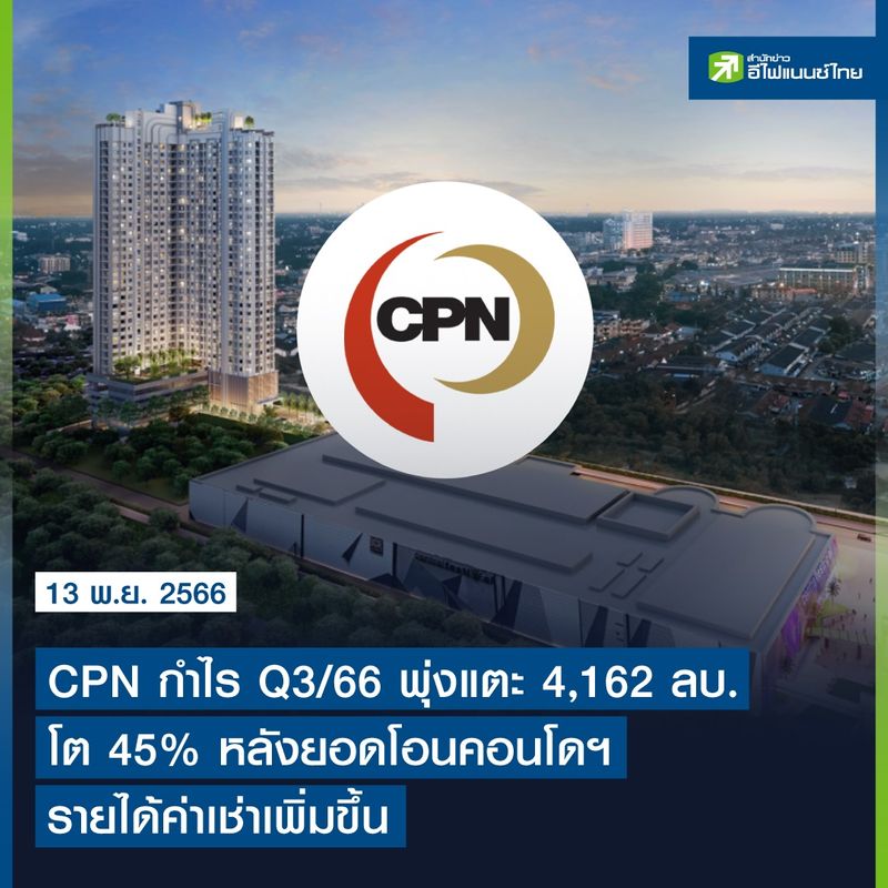 [efinanceThai - สำนักข่าวหุ้น และการลงทุน] CPN กำไร Q3/66 พุ่งแตะ 4,162 ลบ. โต 45% หลังยอดโอน ...