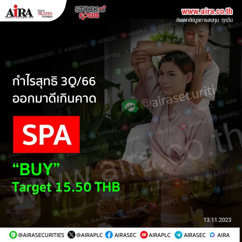 [AIRA SECURITIES] SPA : กำไรสุทธิ 3Q/66 ออกมาดีเกินคาด / “Buy ” Target 15.50 THB ...แนวโน้ม 4Q ...
