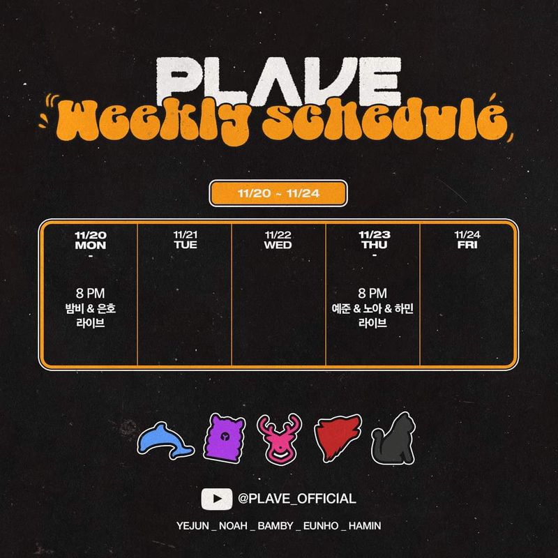 [Plave_FC] [🗓️] PLAVE Weekly Schedule📡 11/20 8PM Bamby🩷 & Eunho ️ 11/23 8PM Yejun💙 & Noah💜 & Hamin🖤