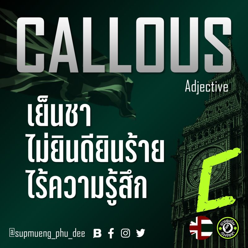 [Supmuengphudee] Callous (Adjective) หมายถึง เย็นชา ไม่ยินดียินร้าย ไร้ ...