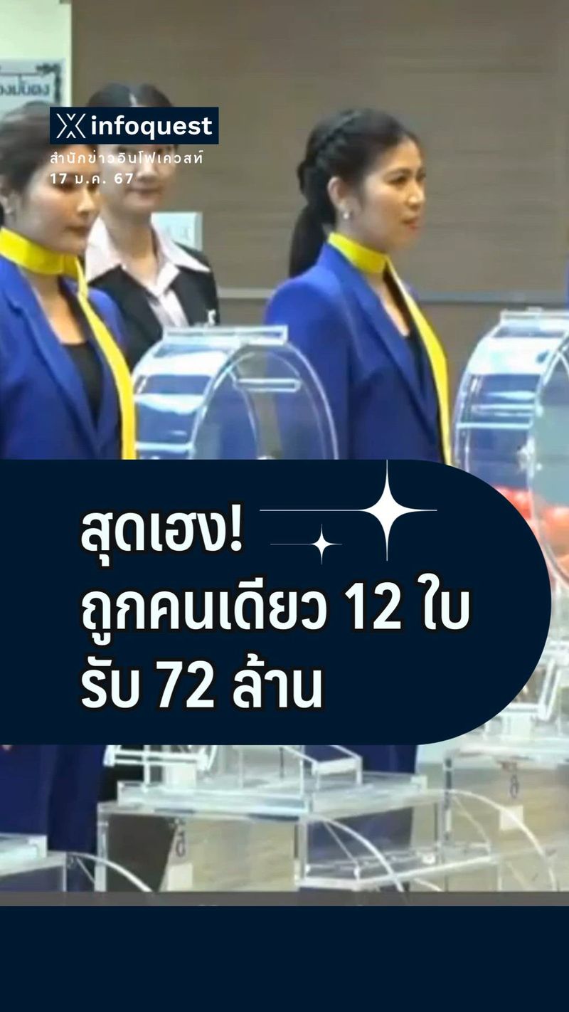 [InfoQuestNews - สำนักข่าวอินโฟเควสท์] สุดเฮง! ถูกคนเดียว 12 ใบ รับ 72 ลบ.
