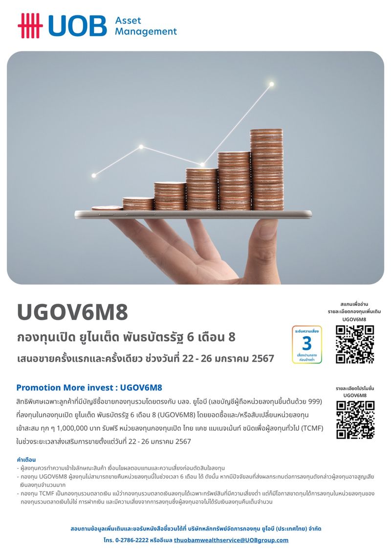 [KC] 📌 UOBAM เสิร์ฟกองทุน UGOV6M8 ลงทุนพันธบัตรภาครัฐ ผลตอบแทน 2.05% https://hoonsmart.com ...