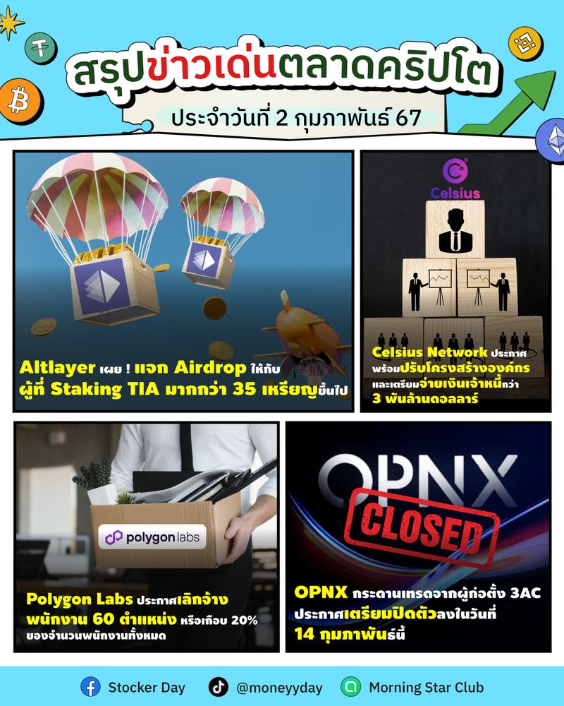 [Stocker Day] 🔥สรุปข่าวเด่นตลาดคริปโต 🔥 🗓ประจำวันที่ 2 กุมภาพันธ์ 67 . 🔸 Altlayer เผย ! แจก ...