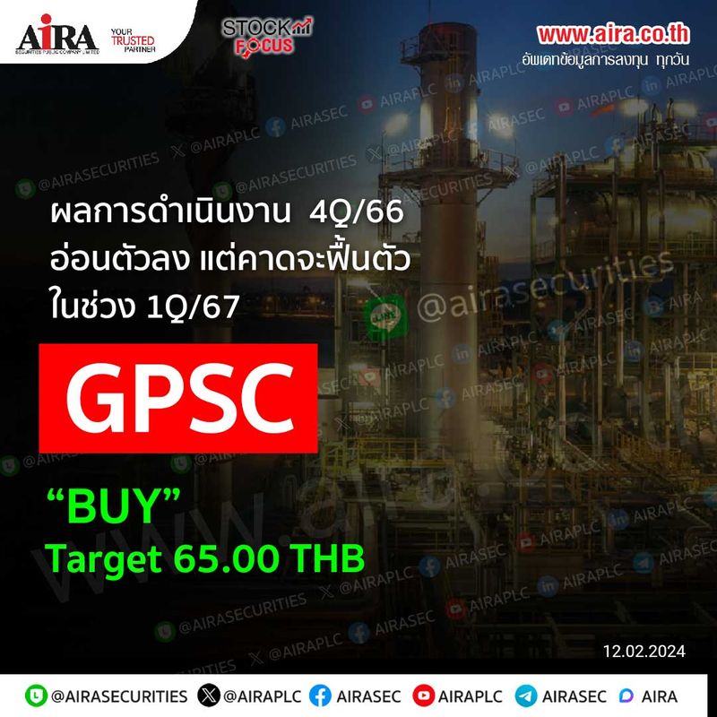 [AIRA SECURITIES] GPSC : ผลการดำเนินงาน 4Q/66 อ่อนตัวลง แต่คาดจะฟื้นตัวในช่วง 1Q/67 / “Buy ...