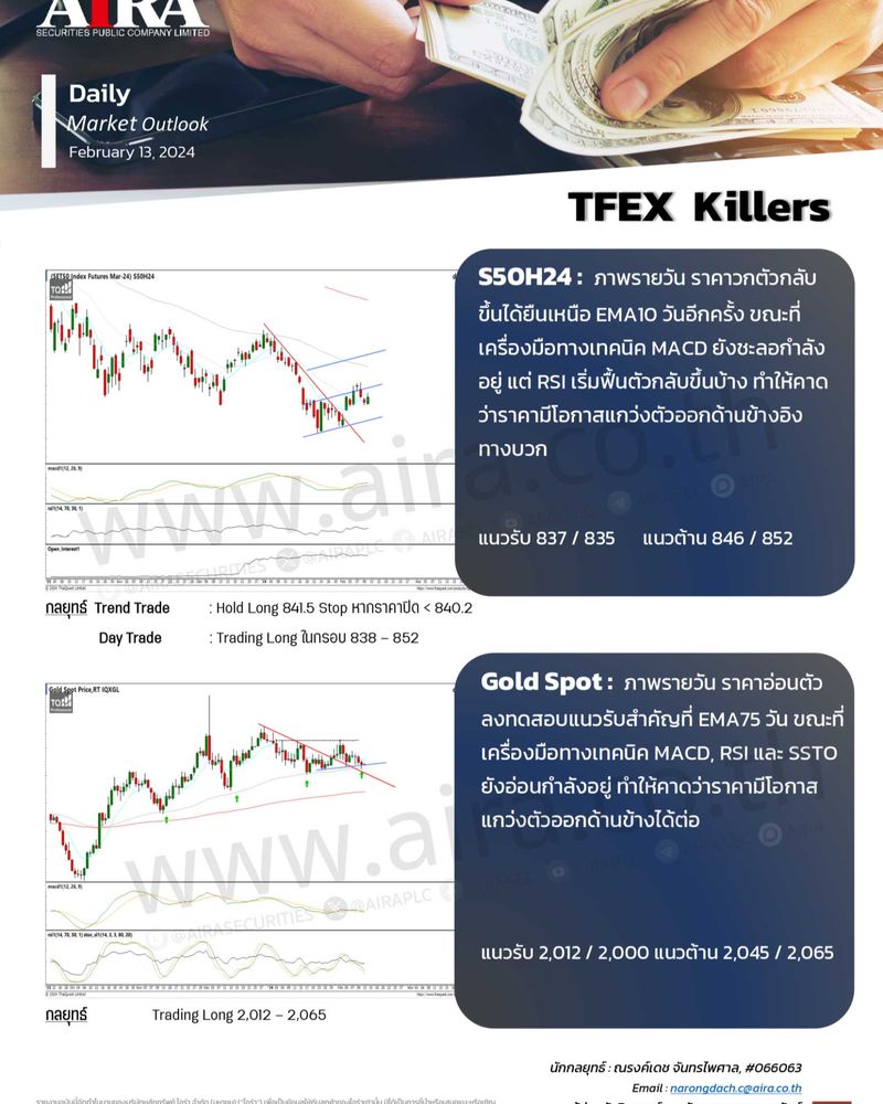 [AIRA SECURITIES] #TFEX Killers (13.02.2024) - Trend Trade: : Hold Long 841.5 Stop หากราคาปิด