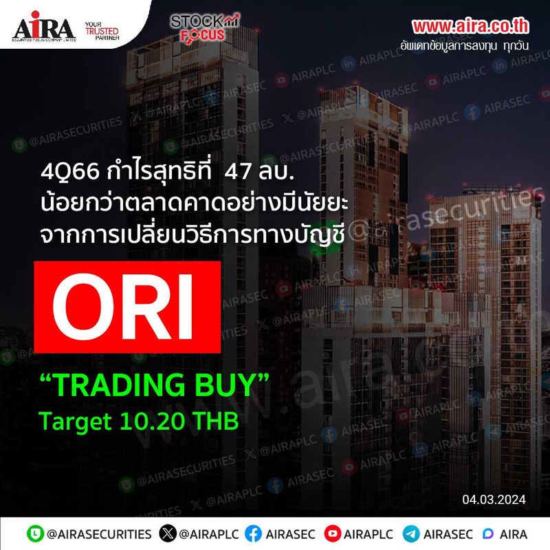 [AIRA SECURITIES] ORI : 4Q66 กำไรสุทธิที่ 47 ลบ. น้อยกว่าตลาดคาดอย่างมีนัยยะ จากการเปลี่ยน ...