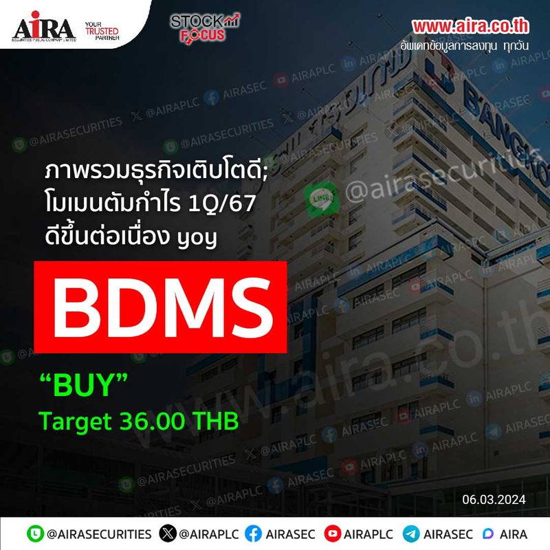 [AIRA SECURITIES] BDMS : ภาพรวมธุรกิจเติบโตดี; โมเมนตัมกำไร 1Q/67 ดีขึ้นต่อเนื่อง yoy / “Buy ...