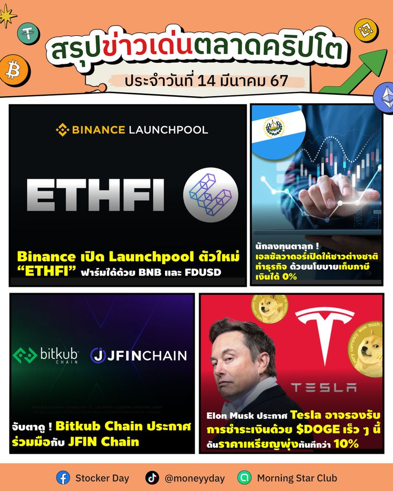 [Stocker Day] 🔥สรุปข่าวเด่นตลาดคริปโต 🔥 🗓ประจำวันที่ 14 มีนาคม 67 . 🔸Binance เปิด Launchpool ตัว ...