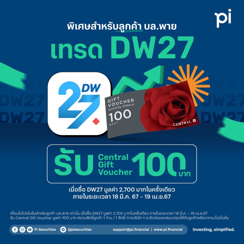 [Pi Securities] DW27 และ บล. พาย จัดโปรโมชั่นพิเศษ ลูกค้า บล. พาย ที่ซื้อ DW27 มูลค่า 2,700 บาท ...