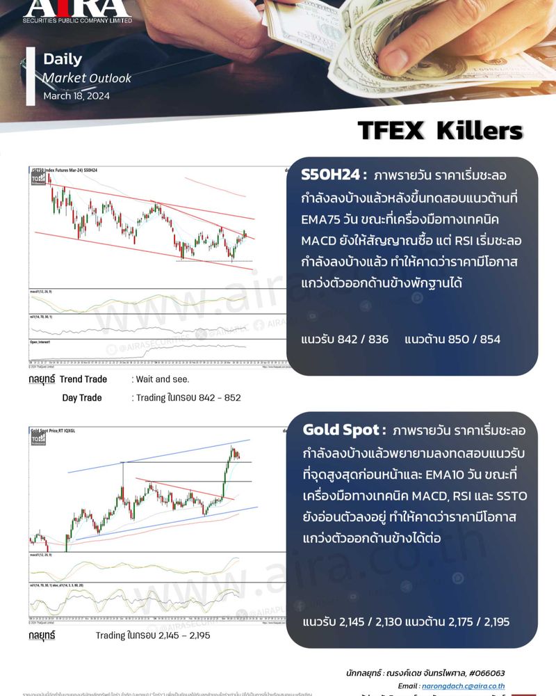 [AIRA SECURITIES] #TFEX Killers (18.03.2024) #S50H24 Trend Trade : Wait and see. / Day Trade ...