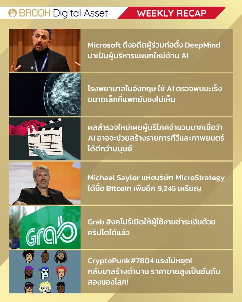 [Brook Digital Asset] 📣 Weekly Recap ️ Microsoft ดึงอดีตผู้ร่วมก่อตั้ง DeepMind มาเป็นผู้บริหาร ...