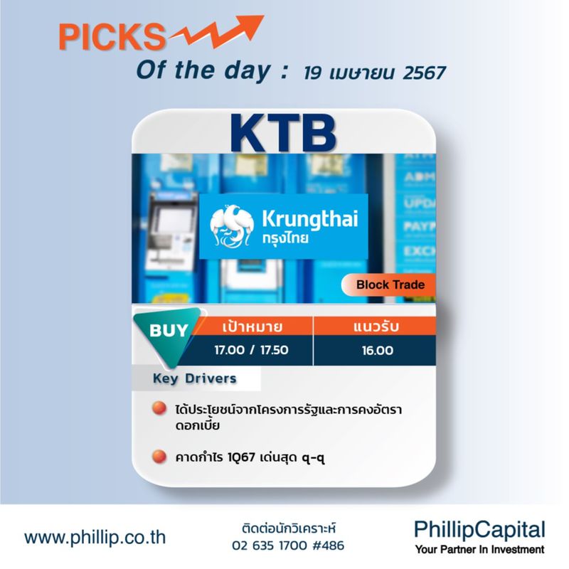 [PhillipCapital TH] Picks of the day : หุ้นแนะนำประจำวันที่ 19 เม.ย. 2567 คัดสารมาให้โดยฟิลลิป ...