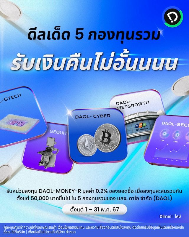 [Dime!] ดีลเด็ด 5 กองทุนรวม รับเงินคืนไม่อั้นนนนน รับหน่วยลงทุน DAOL-MONEY-R มูลค่า 0.2% ของยอด ...