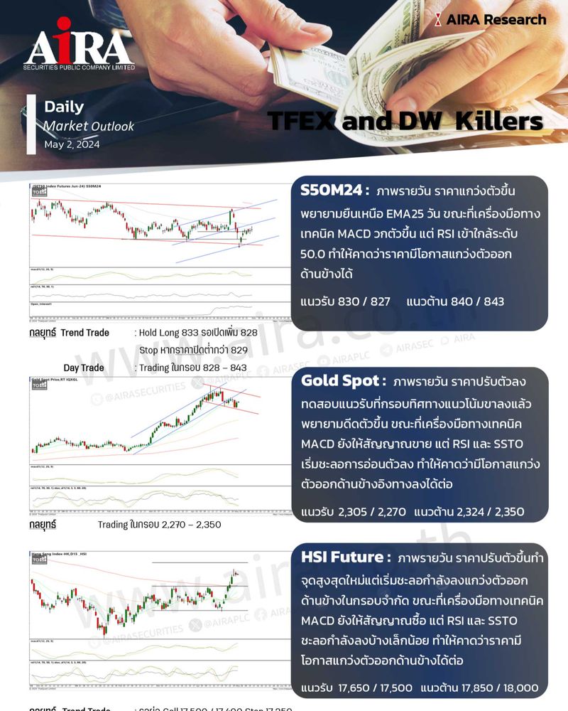 [AIRA SECURITIES] #TFEX Killers (02.05.2024) #S50M24 Trend Trade: Hold Long 833 รอเปิดเพิ่ม 828 ...