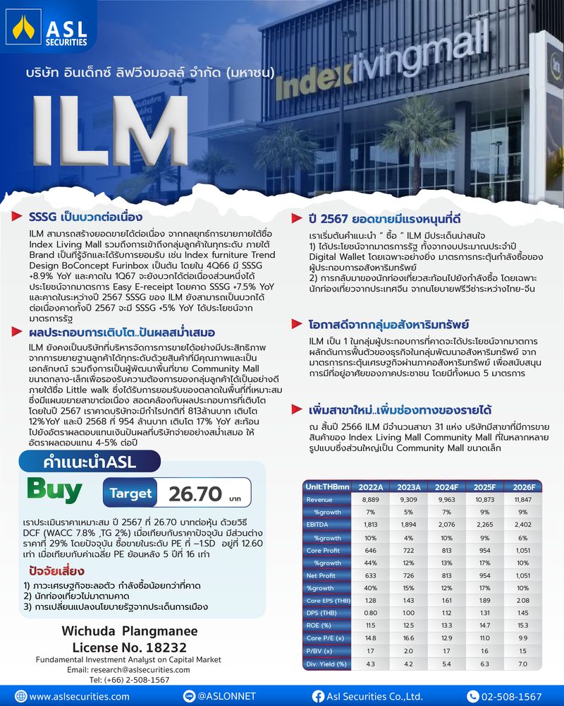 [ASL Securities] Initiate ILM 📌เราประเมินราคาเหมาะสม ปี 2567 ที่ 26.70 บาทต่อหุ้น ด้วยวิธี DCF ...