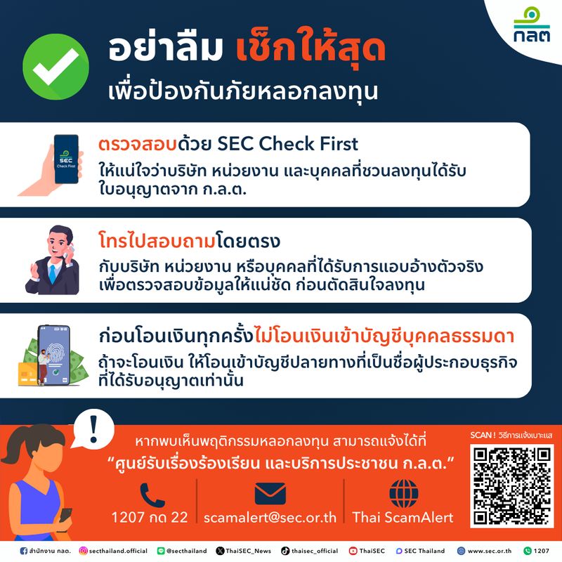 [SEC Thailand] 📢ก.ล.ต. เตือนภัยหลอกลงทุน ⛔️อย่าลืม เช็กให้สุดด้วย 3 ...