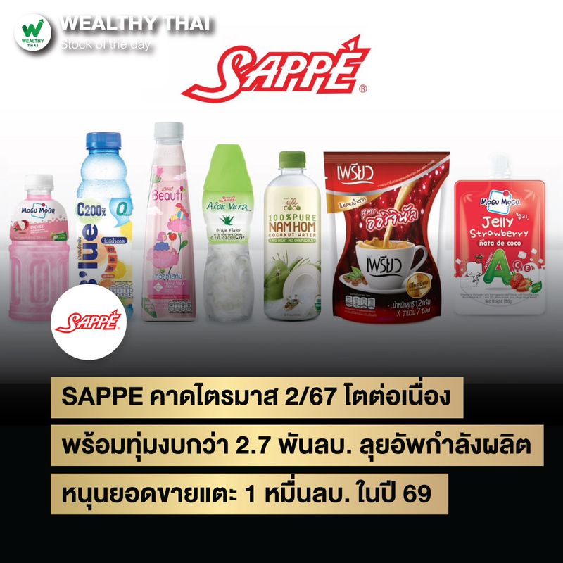 [Wealthy Thai] SAPPE คาดไตรมาส 2/67 โตต่อเนื่อง พร้อมทุ่มงบกว่า 2.7 พันลบ. ลุยอัพกำลังผลิต หนุน ...