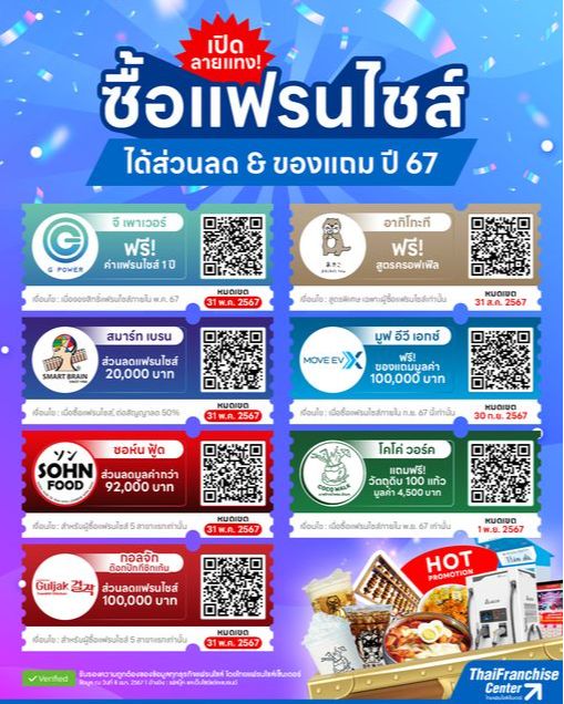 [ThaiFranchiseCenter] เปิดลายแทง! 💰🎉 ซื้อแฟรนไชส์ให้ได้ส่วนลด ของแถม ปี 67 1.แฟรนไชส์ จี ...