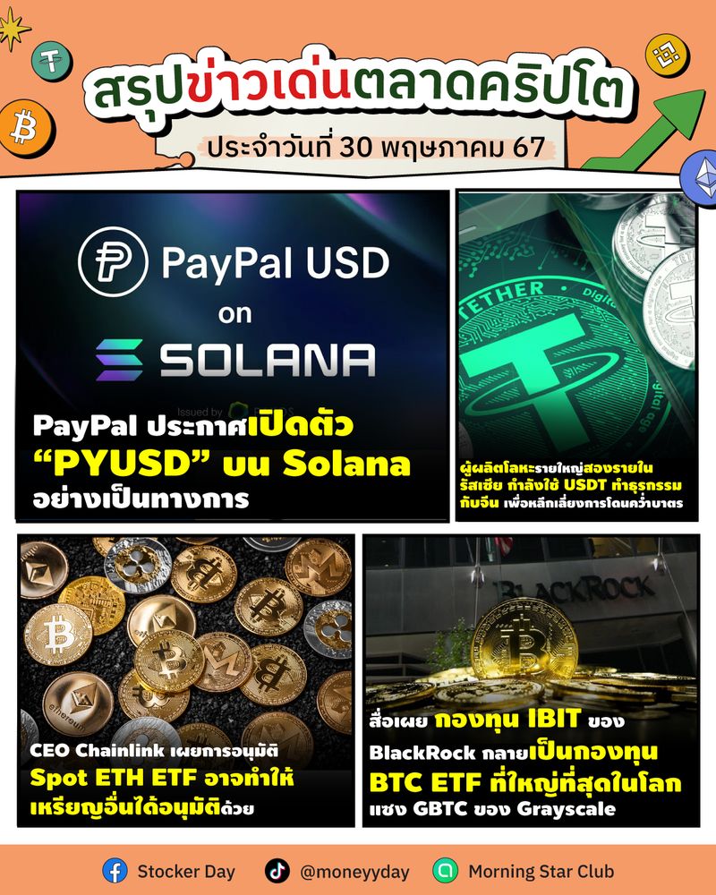 [Stocker Day] 🔥สรุปข่าวเด่นตลาดคริปโต 🔥 🗓ประจำวันที่ 30 พฤษภาคม 67 . 🔸PayPal ประกาศเปิดตัว ...