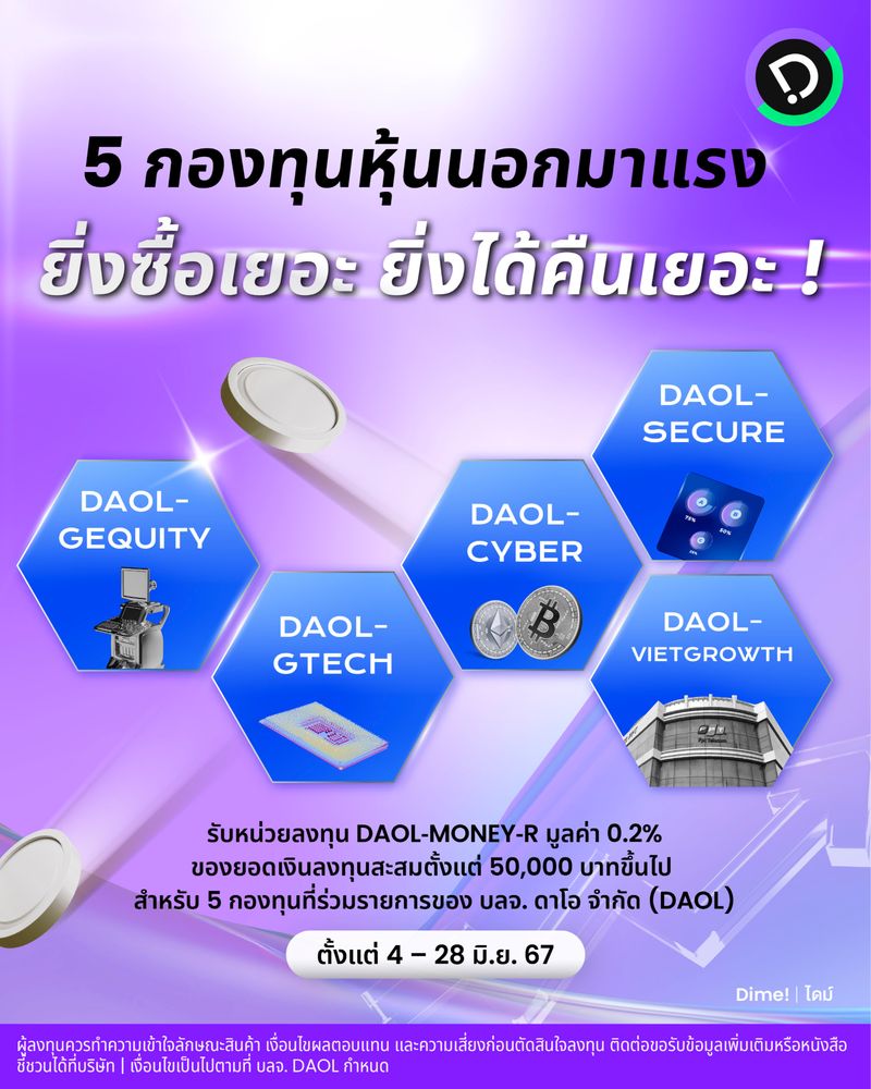 [Dime!] 5 กองทุนนอกมาแรง ยิ่งซื้อเยอะ ยิ่งได้คืนเยอะ !! รับหน่วยลงทุน DAOL-MONEY-R มูลค่า 0.2% ...