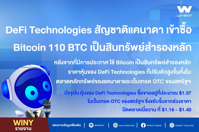 [WINBOT] 👉 DeFi Technologies สัญชาติแคนาดา เข้าซื้อ Bitcoin 110 BTC เป็นสินทรัพย์สำรองหลัก 🔍 ...