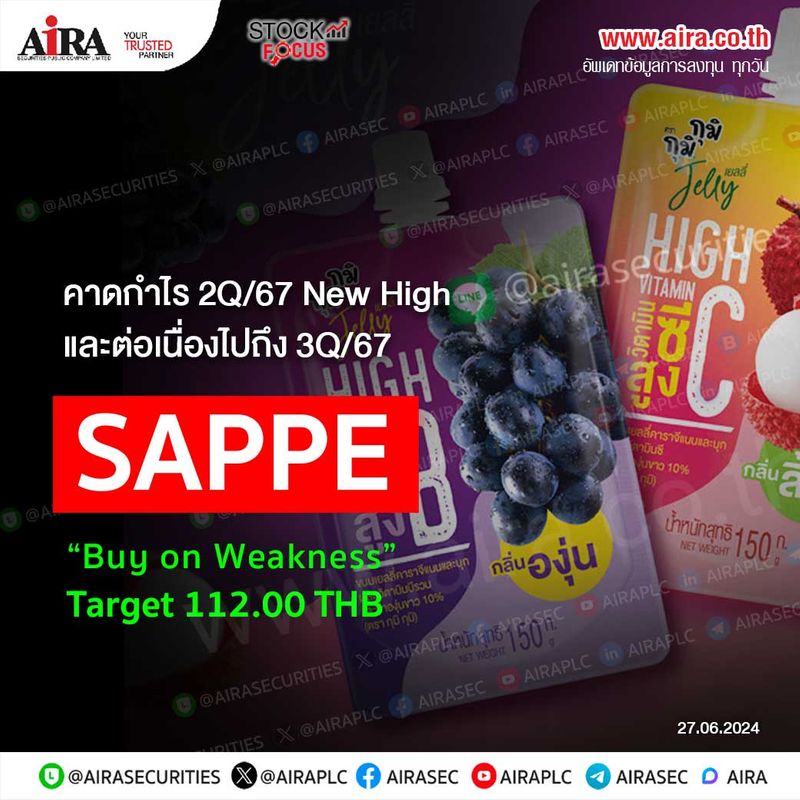 [AIRA SECURITIES] SAPPE : คาดกำไร 2Q/67 New High และต่อเนื่องไปถึง 3Q/67 / “Buy on Weakness ...