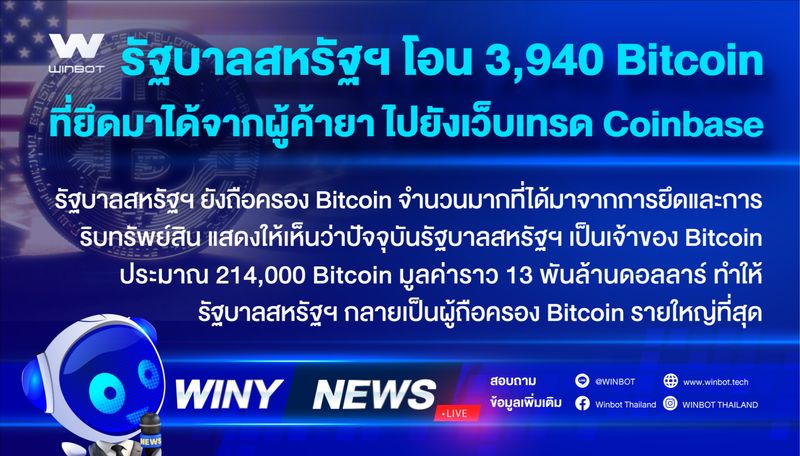 [WINBOT] 📣 รัฐบาลสหรัฐฯ โอน 3,940 Bitcoin ที่ยึดมาได้จากผู้ค้ายา ไปยังเว็บเทรด Coinbase 🔍 ที่มา ...