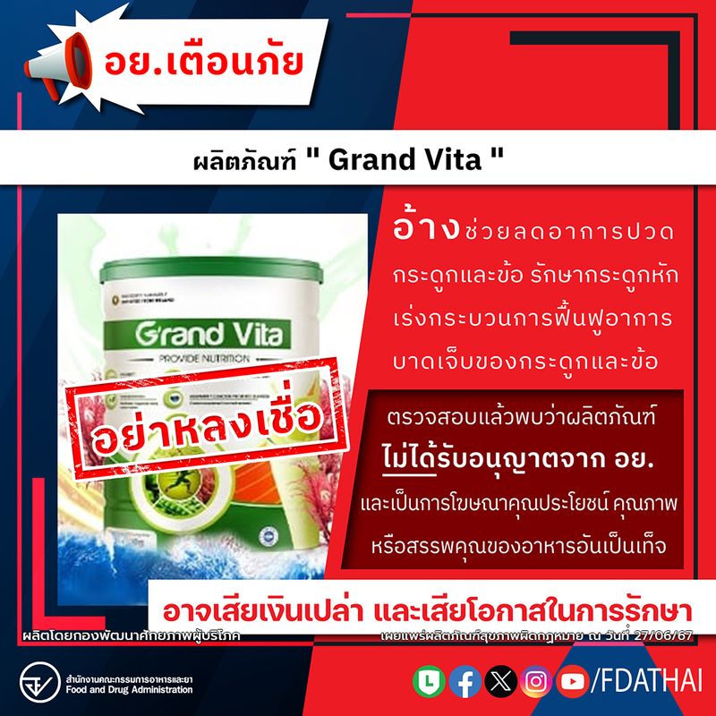 [fdathai] อย.เตือนภัย ผลิตภัณฑ์ " Grand Vita " สามารถติดตามผลิตภัณฑ์สุขภาพผิดกฏหมายและอ่านข้อมูล ...