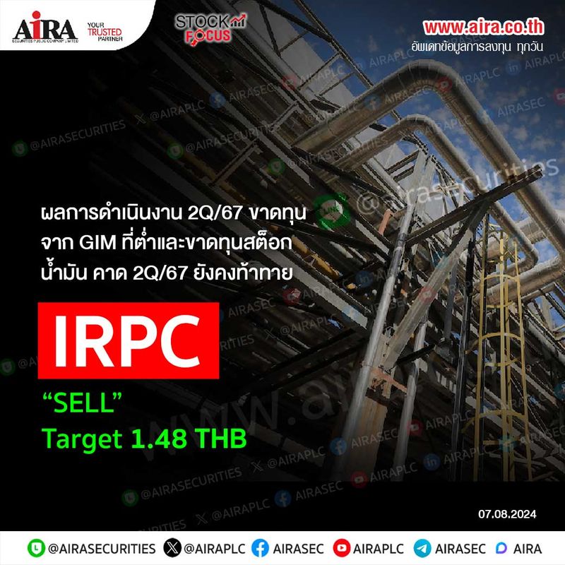 [AIRA SECURITIES] IRPC : ผลการดำเนินงาน 2Q/67 ขาดทุน จาก GIM ที่ต่ำและขาดทุนสต็อกน้ำมัน คาด 2Q ...