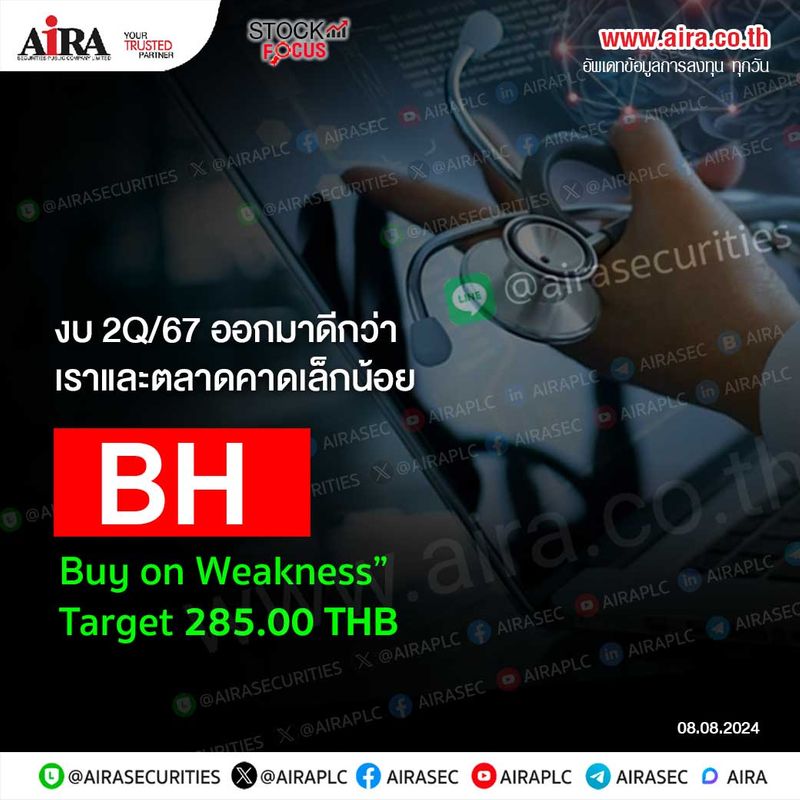 [AIRA SECURITIES] BH : งบ 2Q/67 ออกมาดีกว่าเราและตลาดคาดเล็กน้อย / “Buy on Weakness” Target 285 ...