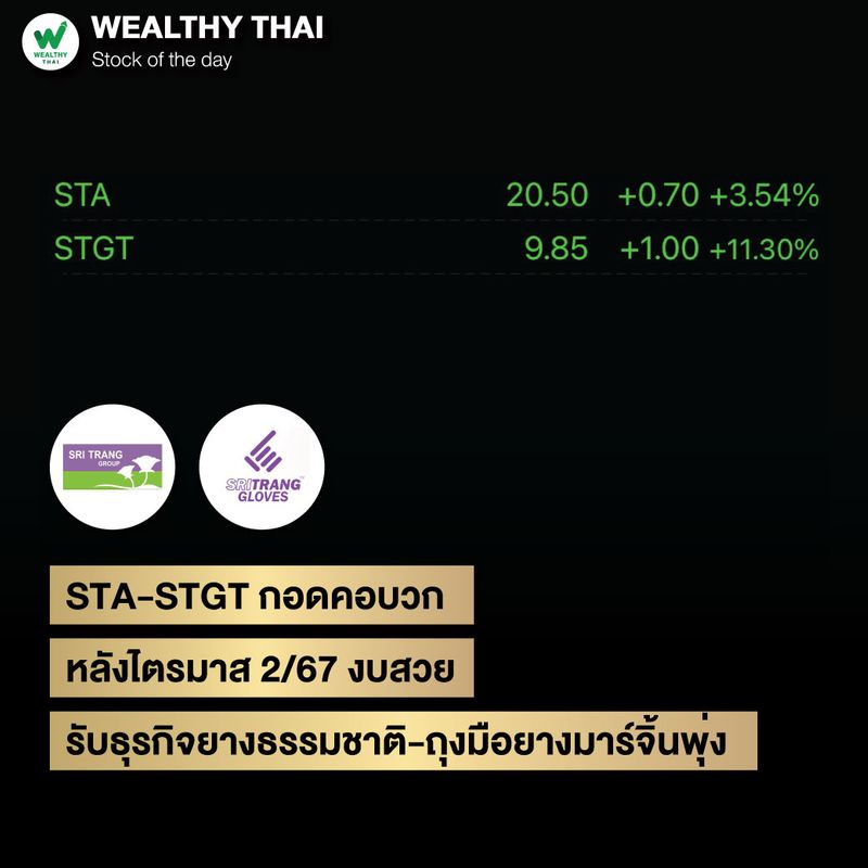 [Wealthy Thai] STA-STGT กอดคอบวก หลังไตรมาส 2/67 งบสวย รับธุรกิจยางธรรมชาติ-ถุงมือยางมาร์จิ้น ...