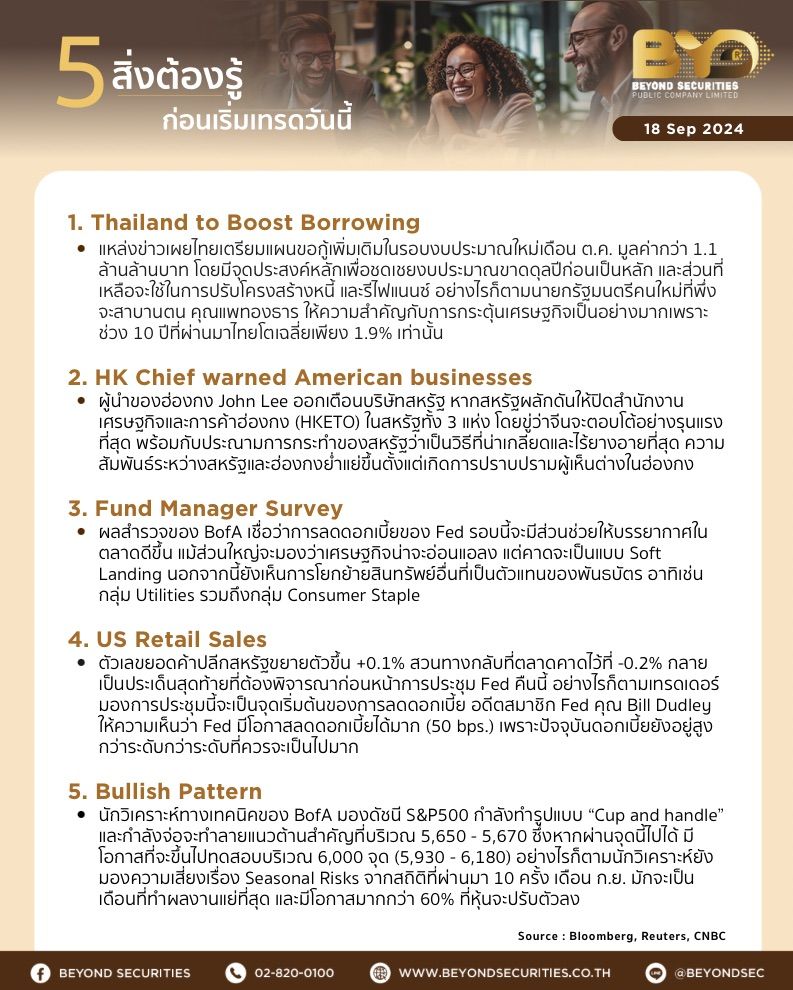 [Beyond Securities] 5 สิ่งที่ต้องรู้ก่อนเทรดวันนี้ 18 Sep 2024