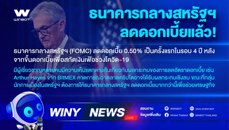 [WINBOT] 📣 ธนาคารกลางสหรัฐฯ ลดดอกเบี้ยแล้ว ธนาคารกลางสหรัฐฯ (FOMC) ลดดอกเบี้ย 0.50% เป็นครั้งแรก ...