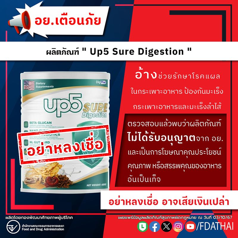[fdathai] อย.เตือนภัยผลิตภัณฑ์ " Up5 Sure Digestion " #ผลิตภัณฑ์ไม่ได้ ...