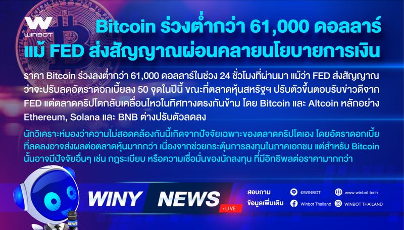 [WINBOT] 😱Bitcoin ร่วงต่ำกว่า 61,000 ดอลลาร์ แม้ FED ส่งสัญญาณผ่อนคลายนโยบายการเงิน 🔍ที่มา ...