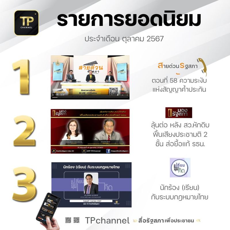 [TP PODCAST วิทยุรัฐสภา] TPchannel เผยรายการรับชมย้อนหลัง ยอดนิยม ประจำเดือนตุลาคม 2567 "สายด่วน ...