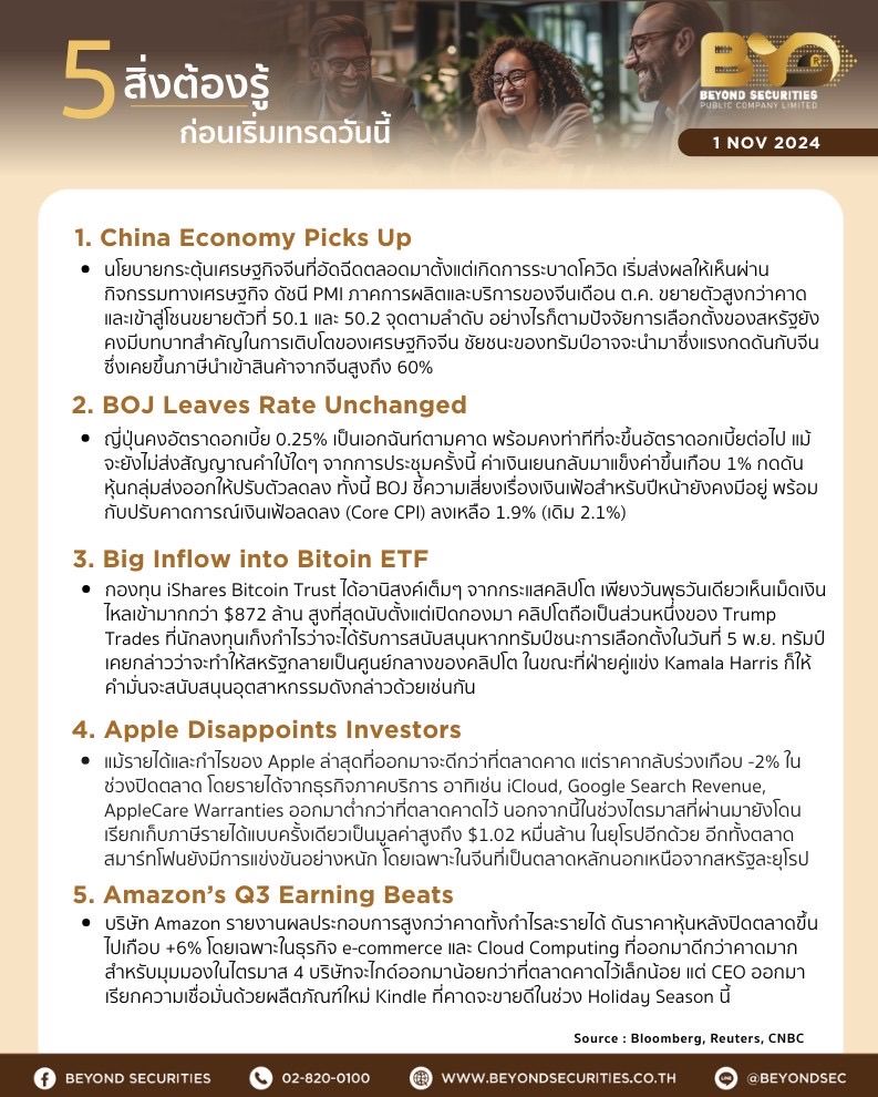 [Beyond Securities] 5 สิ่งที่ต้องรู้ก่อนเทรดวันนี้ 1 Nov 2024