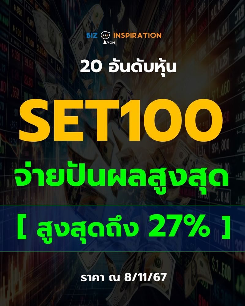 [iYom Biz + Inspiration] 20 อันดับหุ้น SET100 จ่ายปันผลสูงสุด [ สูงสุดถึง 27% ] โดยดัชนี SET100 ...