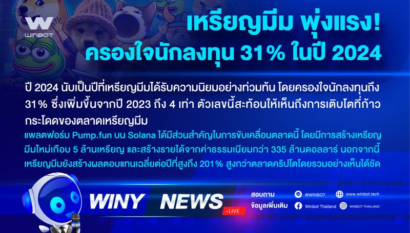 [WINBOT] 📌 เหรียญมีม พุ่งแรง ️ ครองใจนักลงทุน 31% ในปี 2024 🔍 ที่มา : https://cryptoslate.com ...