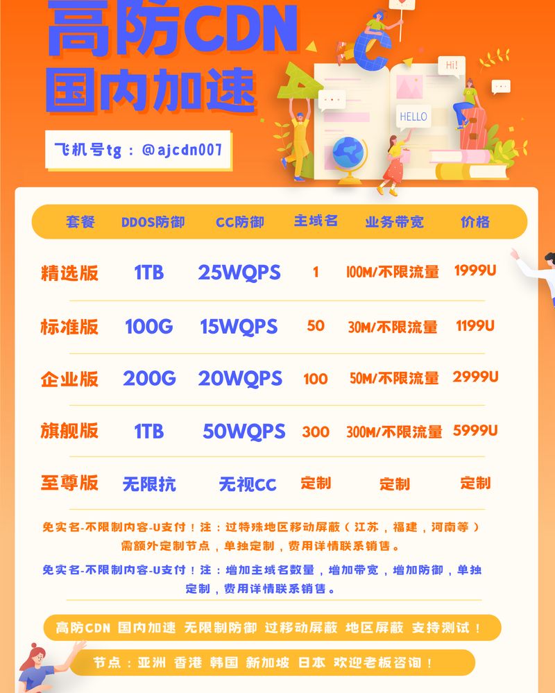 [ajcdn007] 🛡 CDN高防 无限制防御 过移动屏蔽 🛡 💞 节点：亚洲 香港 韩国 新加坡 日本 💞 防御：DDOS攻击 CC攻击 💞 支持测试： 欢迎老板咨询 💞 支持担保：好旺 ...