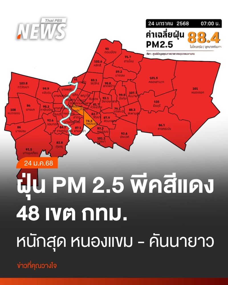 [Manacbs] เช้านี้ (24 ม.ค.2568) กทม.ค่าฝุ่น PM2.5 ระดับสีแดง มีผลกระทบต่อสุขภาพ 48 เขต หนักสุด ...