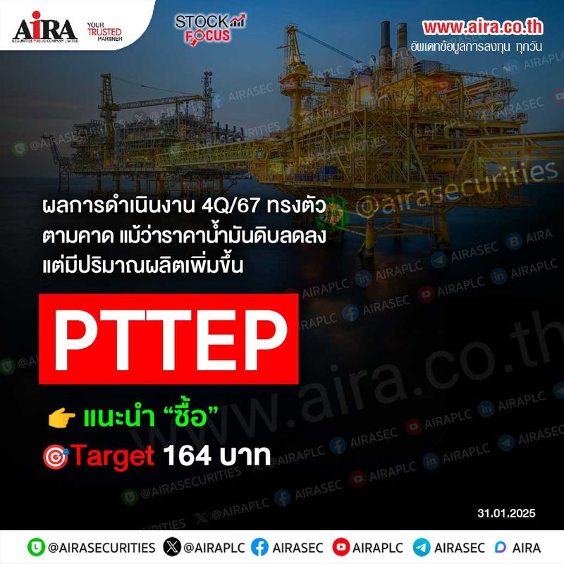 [AIRA SECURITIES] 🔴Stock Focus 🗓️ 31.01.2025 PTTEP ผลการดำเนินงาน 4Q/67 ทรงตัว ตามคาด แม้ว่าราคา ...