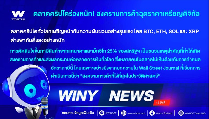 [WINBOT] 😱 ตลาดคริปโตร่วงหนัก สงครามการค้าฉุดราคาเหรียญดิจิทัล 🔍ที่มา : https://www.coindesk.com ...