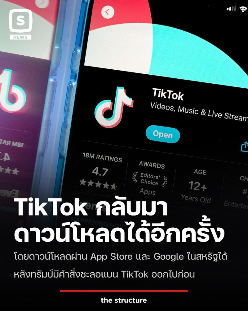 [The Structure] TikTok กลับมา ดาวน์โหลดได้อีกครั้ง โดยดาวน์โหลดผ่าน App Store และ Google ในสหรัฐ ...