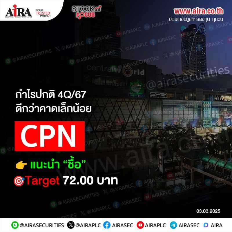 [AIRA SECURITIES] 🚨🚨STOCK FOCUS 🗓03.032025 #CPN 👉แนะนำ “ซื้อ” 🎯Target 72.00 THB 🔴 กำไรปกติ 4Q/67 ...