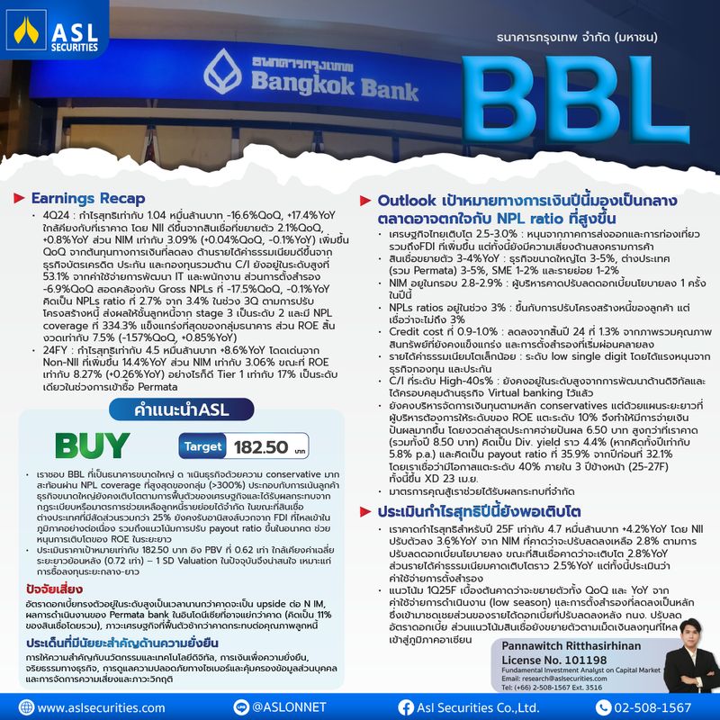 [ASL Securities] COMPANY REPORT BBL เลือกเป็น Top pick ของกลุ่ม คาดกำไรสุทธิ 25F ที่ 4.7 หมื่น ...
