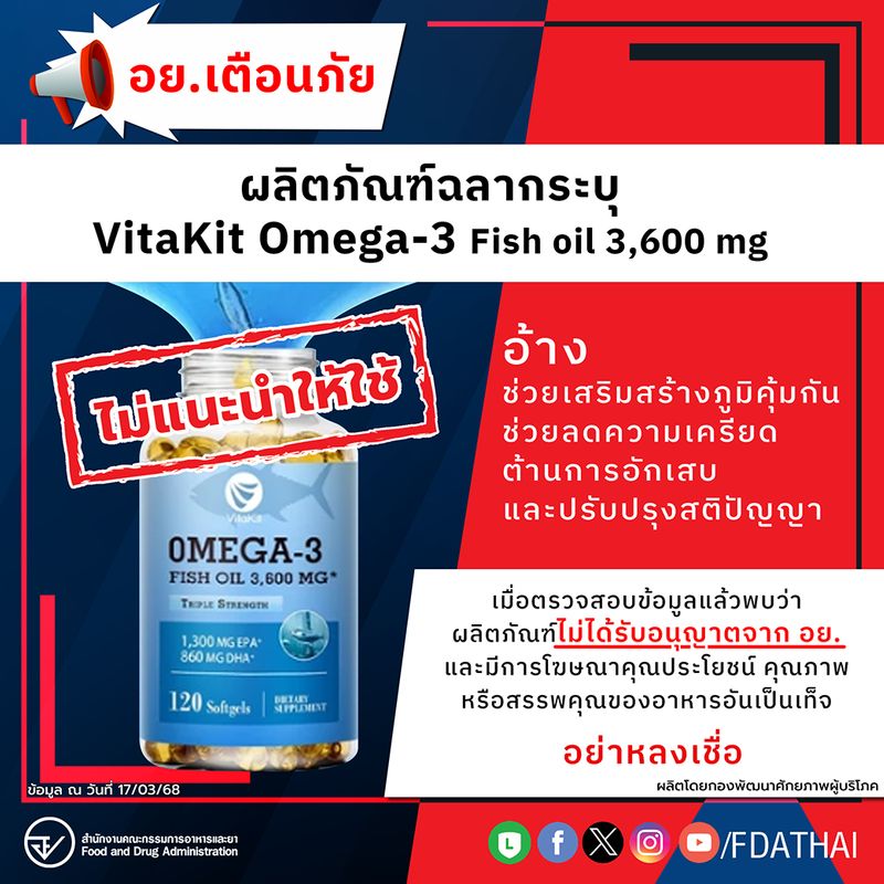 [fdathai] อย.เตือนภัยผลิตภัณฑ์ฉลากระบุ VitaKit Omega-3 Fish oil 3,600 mg #oryor #FDAthai # ...