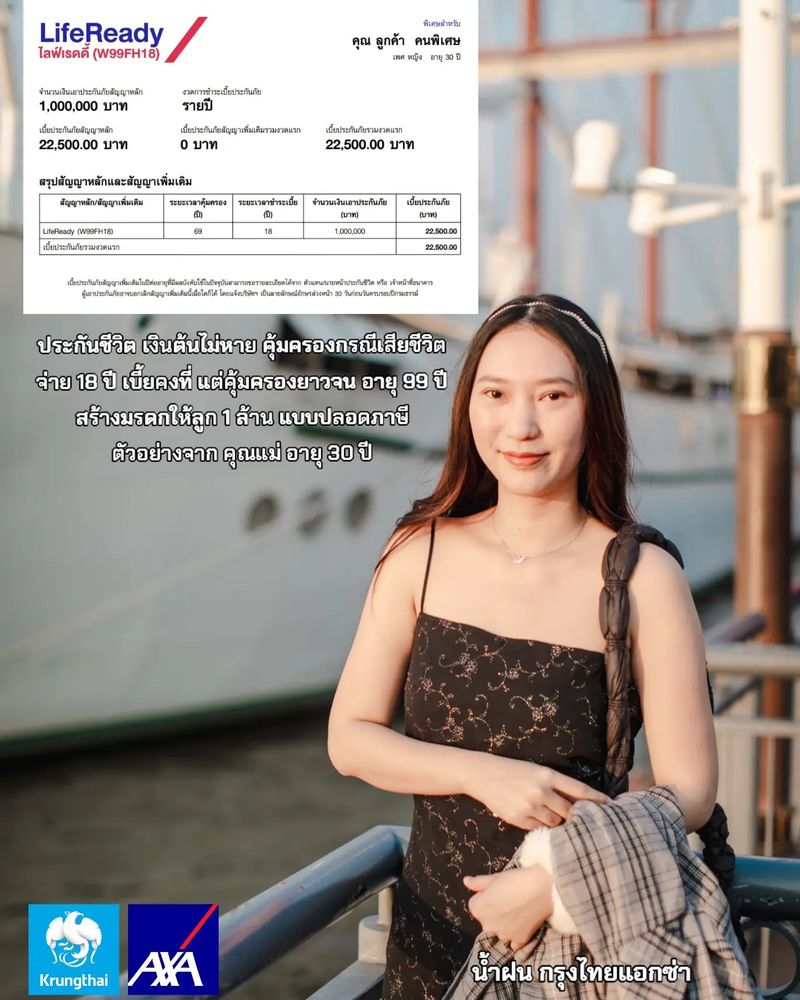 [น้ำฝน ประกันกรุงไทยแอกซ่า AXA] LifeReady 18 ประกันชีวิต เงินต้นไม่หาย คุ้มครองกรณีเสียชีวิต ...
